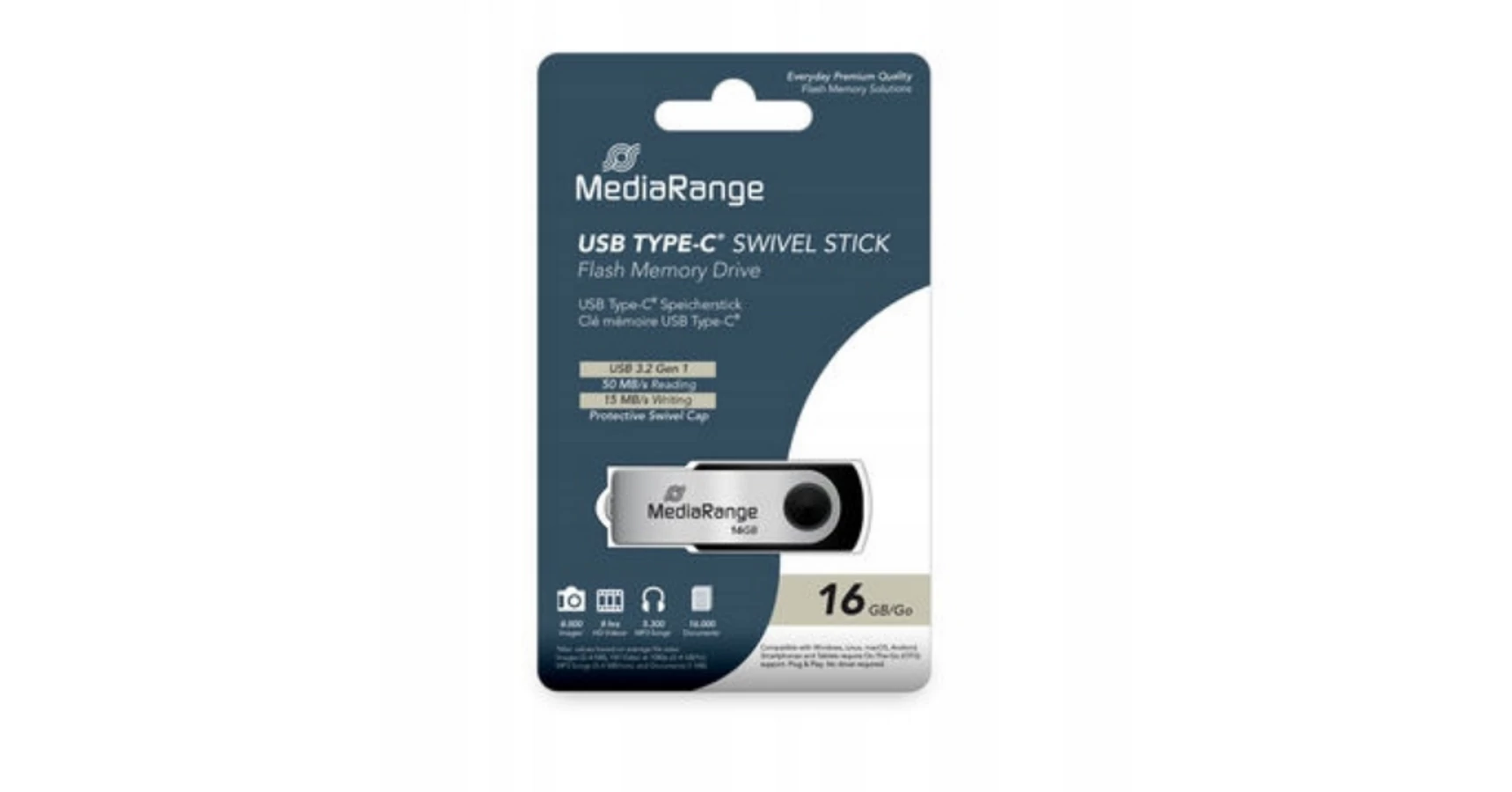MediaRange USB Type-C pendrive 16GB USB 3.2 Gen 1 - fekete/ezüst